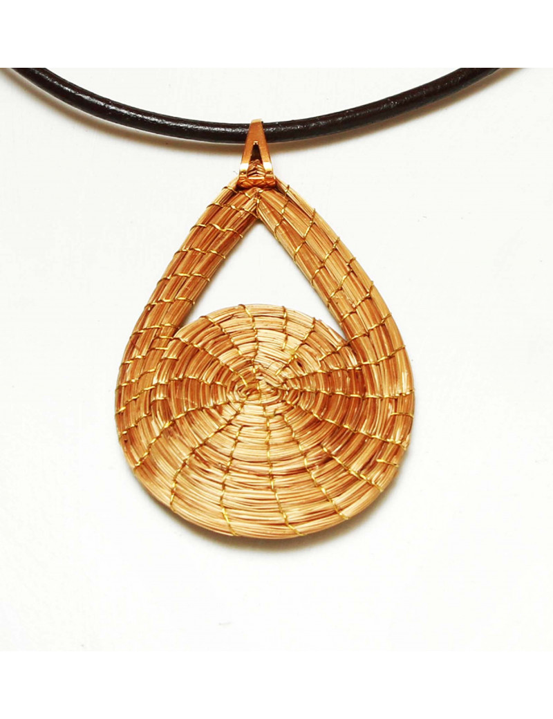 Collier en cuir avec pendentif en or végétal tressé en forme de goutte ...